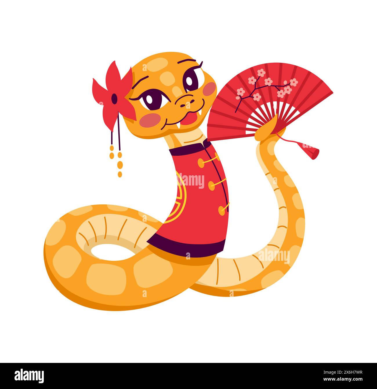 Female snake in Asian blouse holding fan 2D cartoon character. Reptile ...