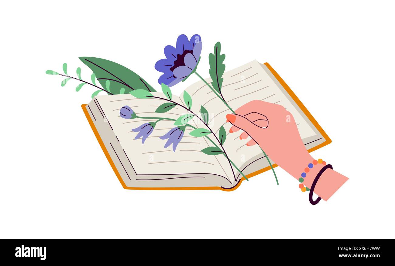 Open book with blooming wild flower sand leaves 2D cartoon objects ...