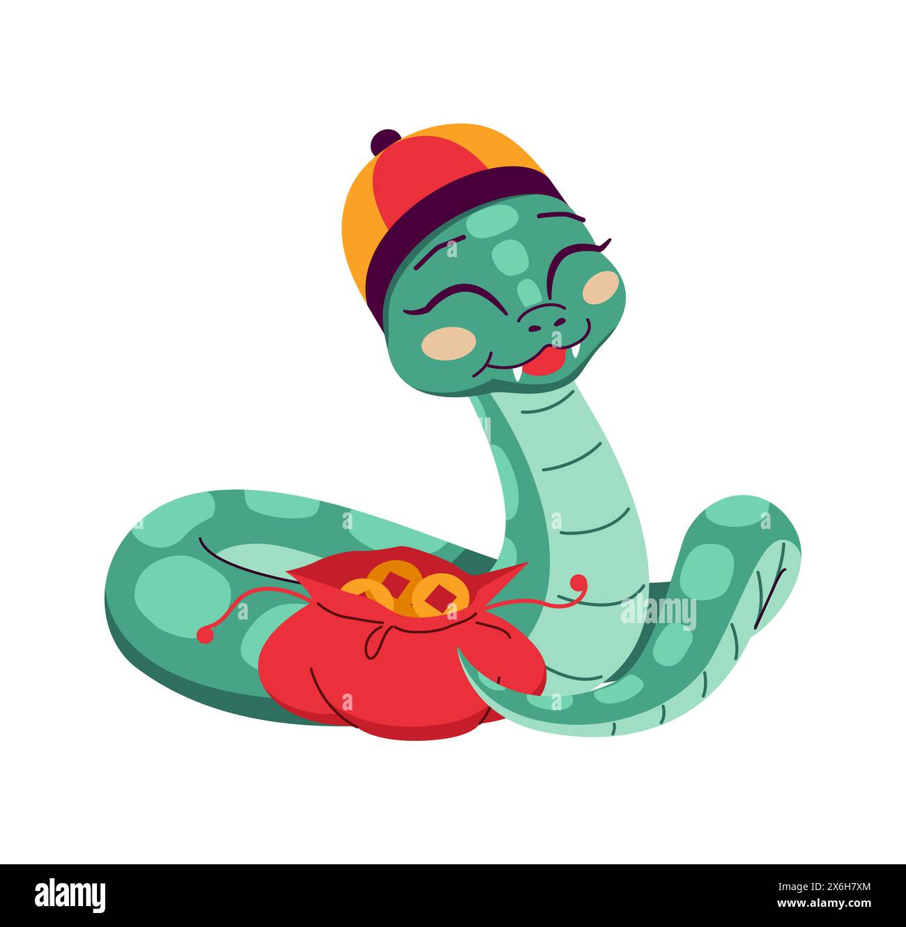 Happy snake with golden coins sack 2D cartoon character. Chinese New ...