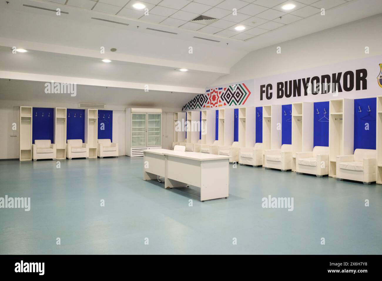 The large, empty team locker, changing room. At the modern place for ...