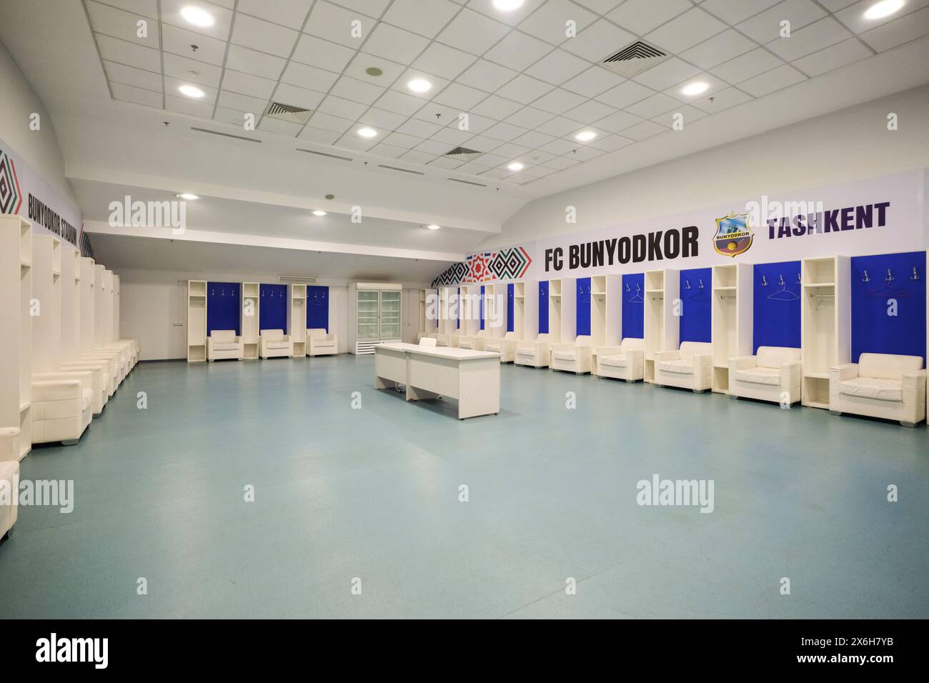 The large, empty team locker, changing room. At the modern place for ...