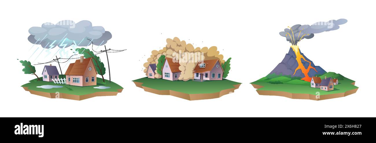 Storm, dust cloud and volcano eruption accidents 2D cartoon objects set ...