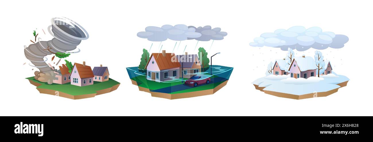 Tornado, flood and heavy snowfall in town 2D cartoon objects set ...
