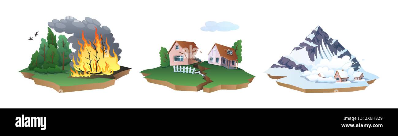 Wildfire, earthquake and avalanche accidents 2D cartoon objects set ...