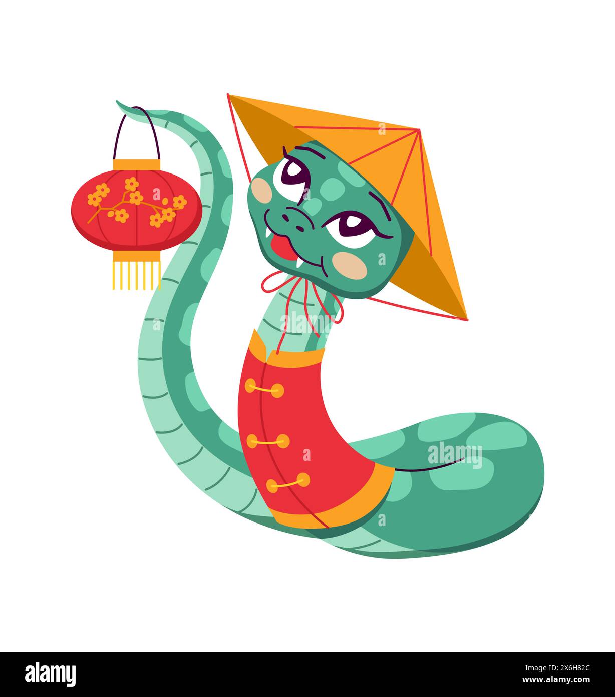 Asian snake holding red lantern 2D cartoon character. Chinese zodiac ...