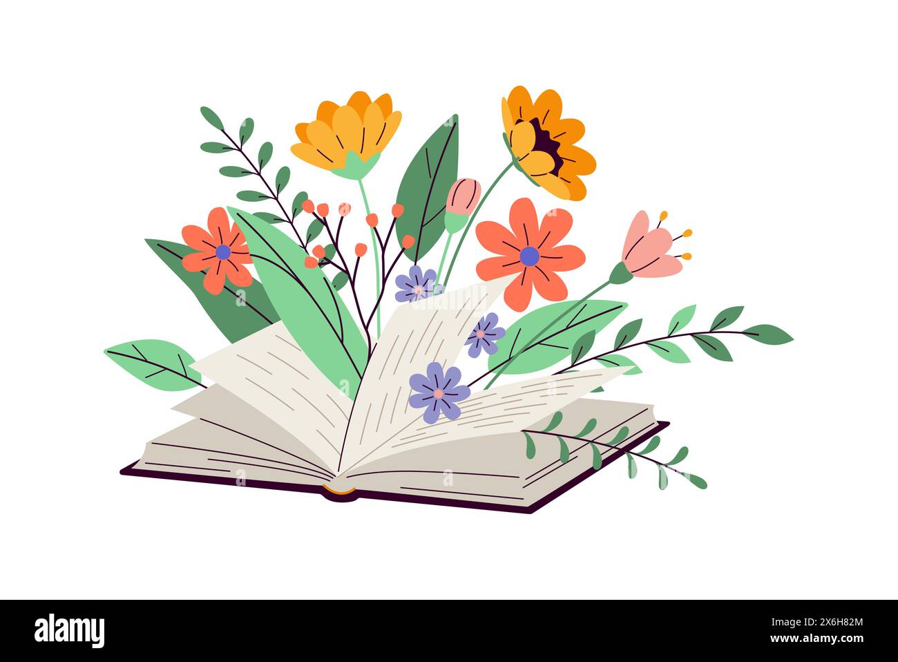 Open book with blooming wild flower sand leaves 2D cartoon objects ...