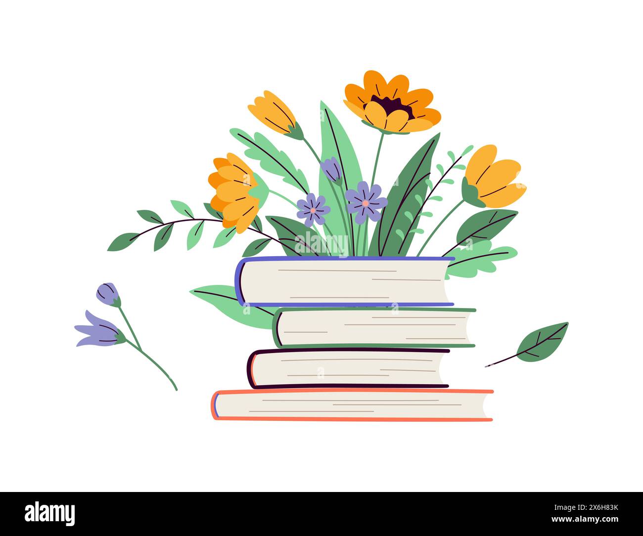Books stack with fresh flower sand leaves 2D cartoon objects. Home ...