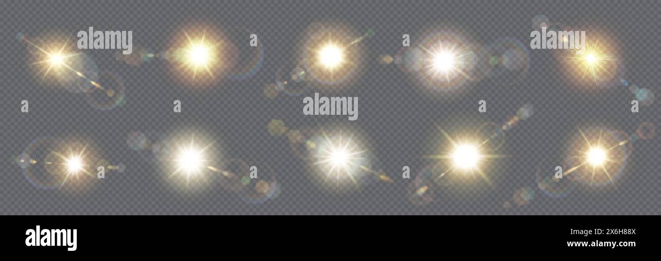 Sunlight glare effects realistic vector illustration set. Sunbeams ...