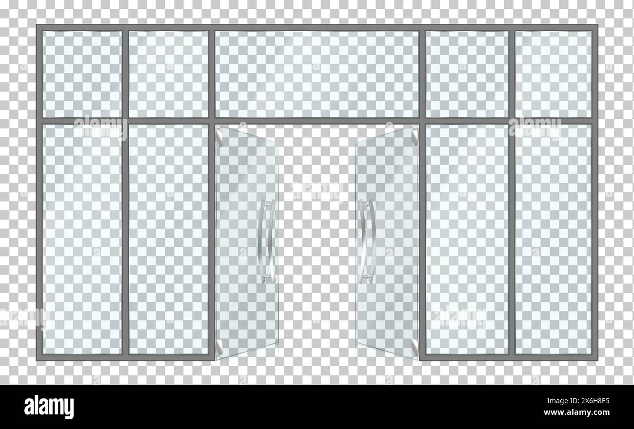 Glass window case of store facade with open door realistic vector ...