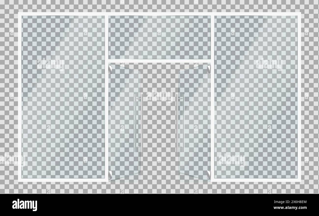 Glass window case of store facade with open door realistic vector ...