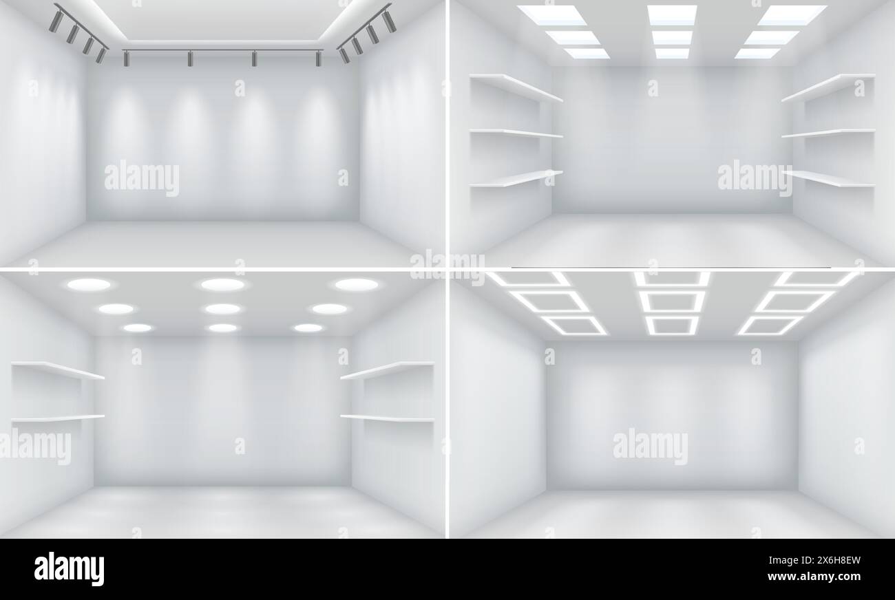 Empty stores premises realistic 3d illustration set. Shops enclosure ...