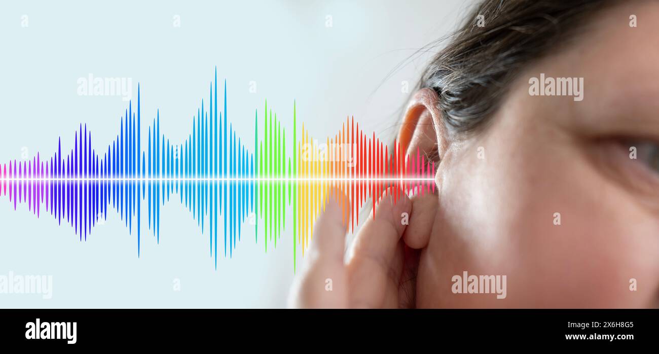 mature woman ear closeup listening, sound wave, acoustics Auditory ...