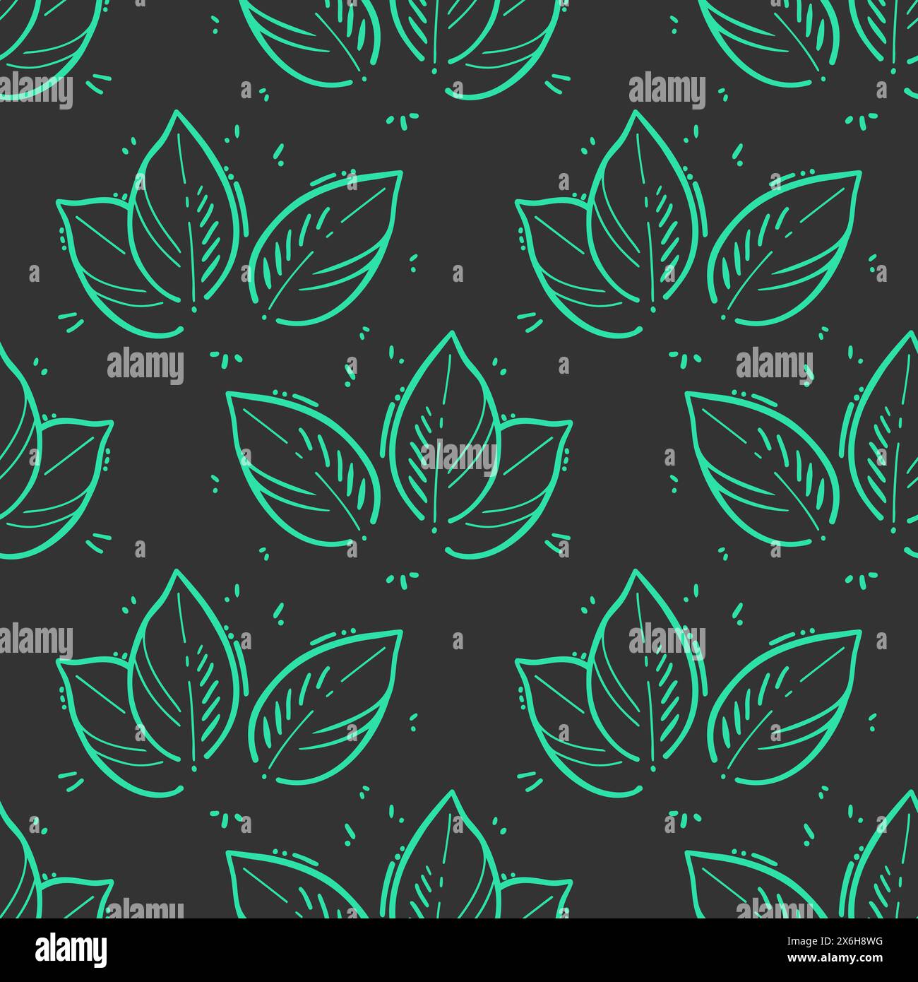 Pattern mint leaves stylized doodle contour drawing, on dark background ...