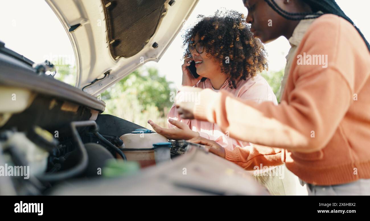 Phone call, road trip and vehicle breakdown with friends on road ...