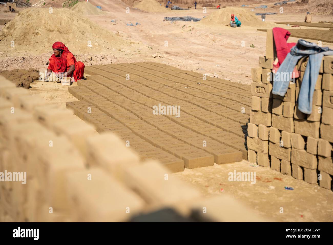 A non-local female labourer uses a mould to make bricks at a brick kiln ...