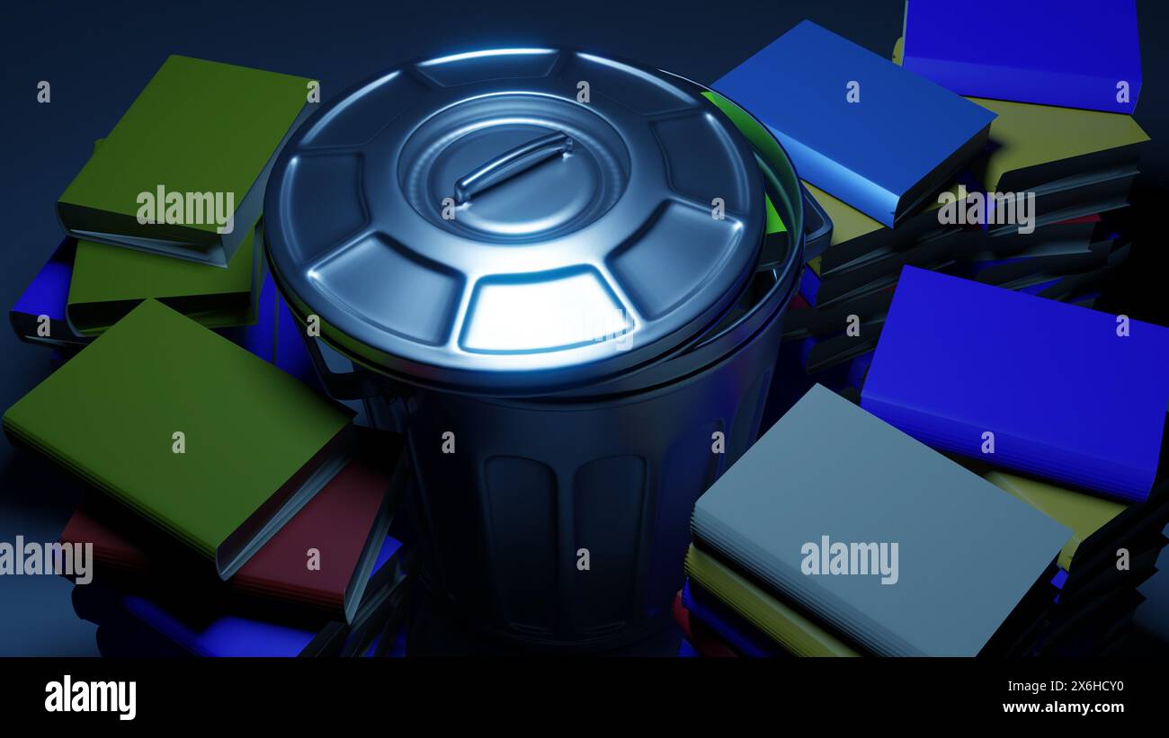 3d rendering of garbage can and pile of books Stock Photo - Alamy