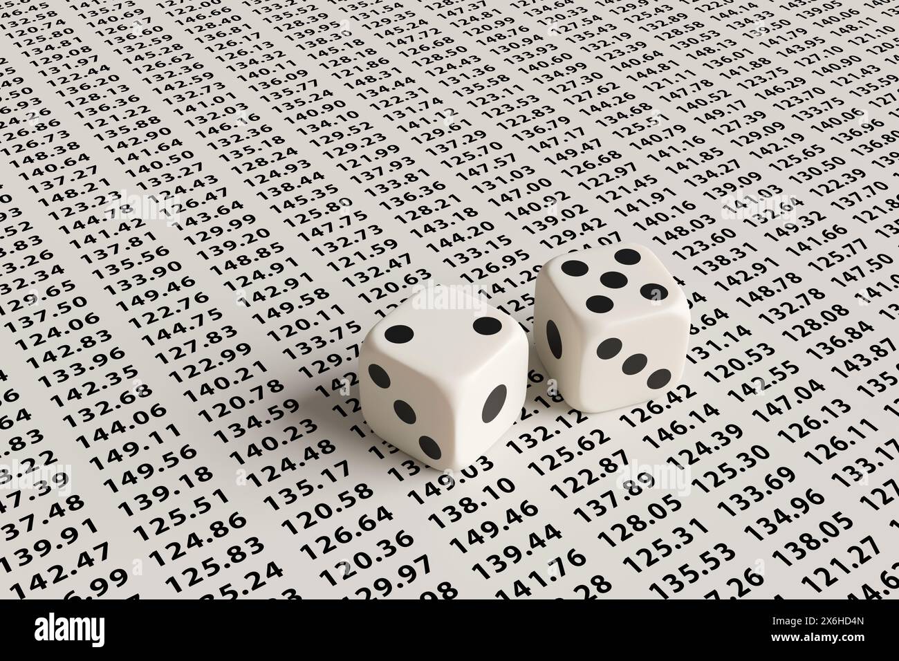 Two black and white rolling dice on a sheet full of floating point ...