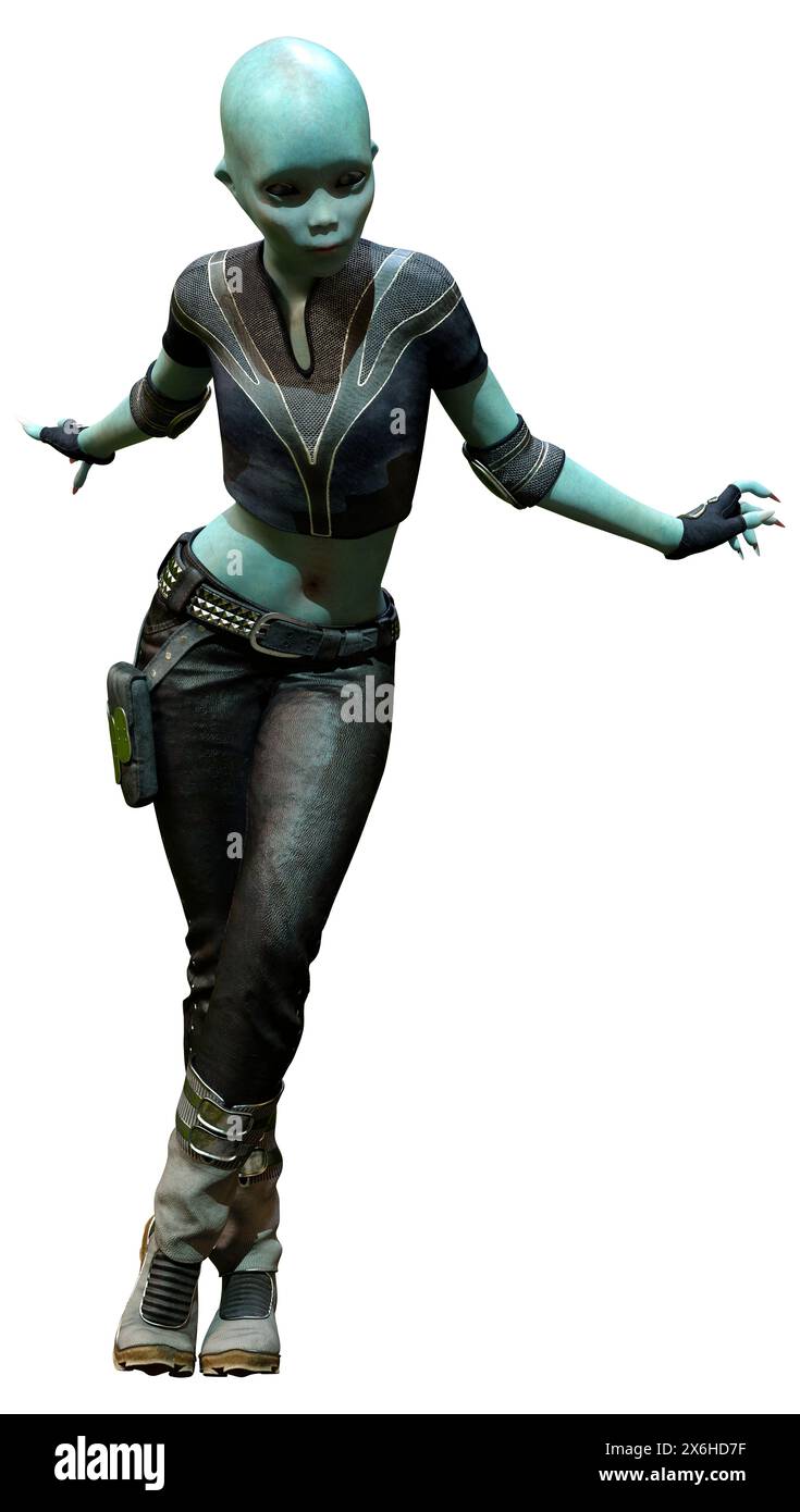 3D rendering of a green alien teenager girl isolated on white ...