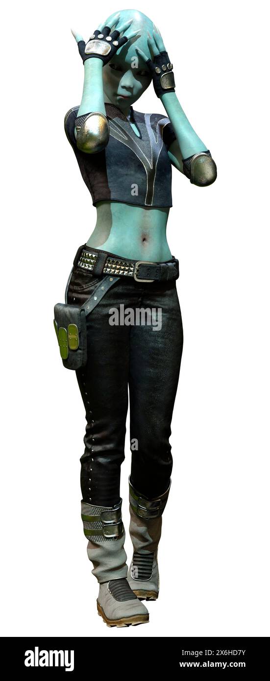 3D rendering of a green female teenager girl alien isolated on white ...