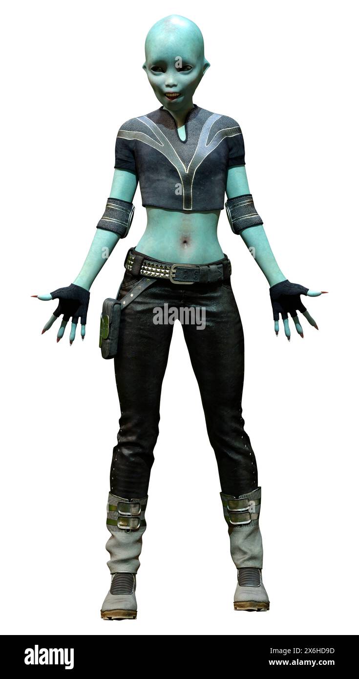 3D rendering of a green alien teenager girl isolated on white ...
