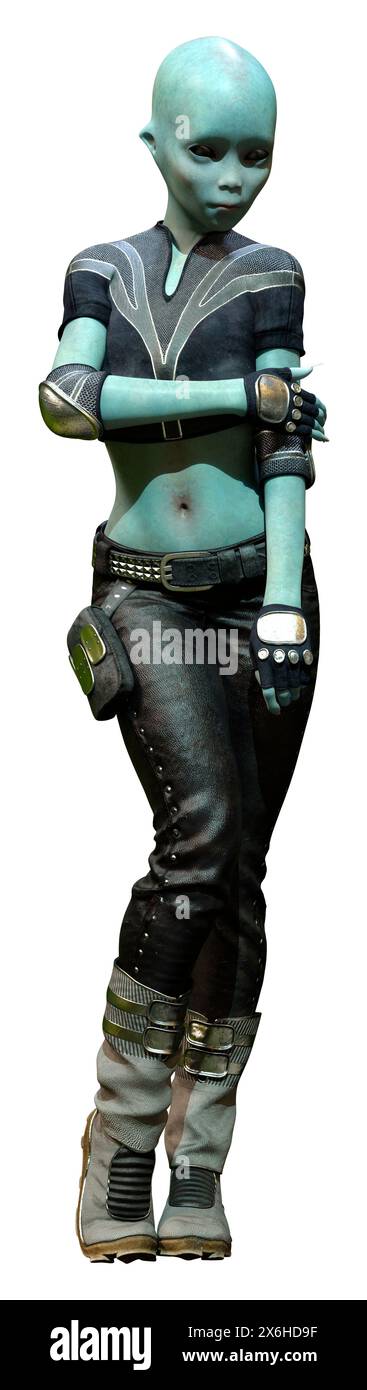 3D rendering of a green alien teenager girl isolated on white ...