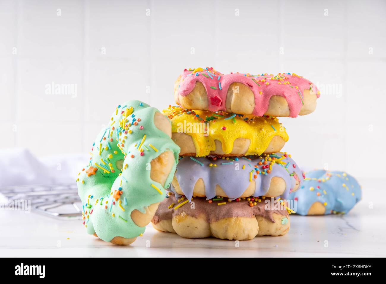 Asian trendy mochi donuts dessert. Sweet colorful mochi donuts baked ...