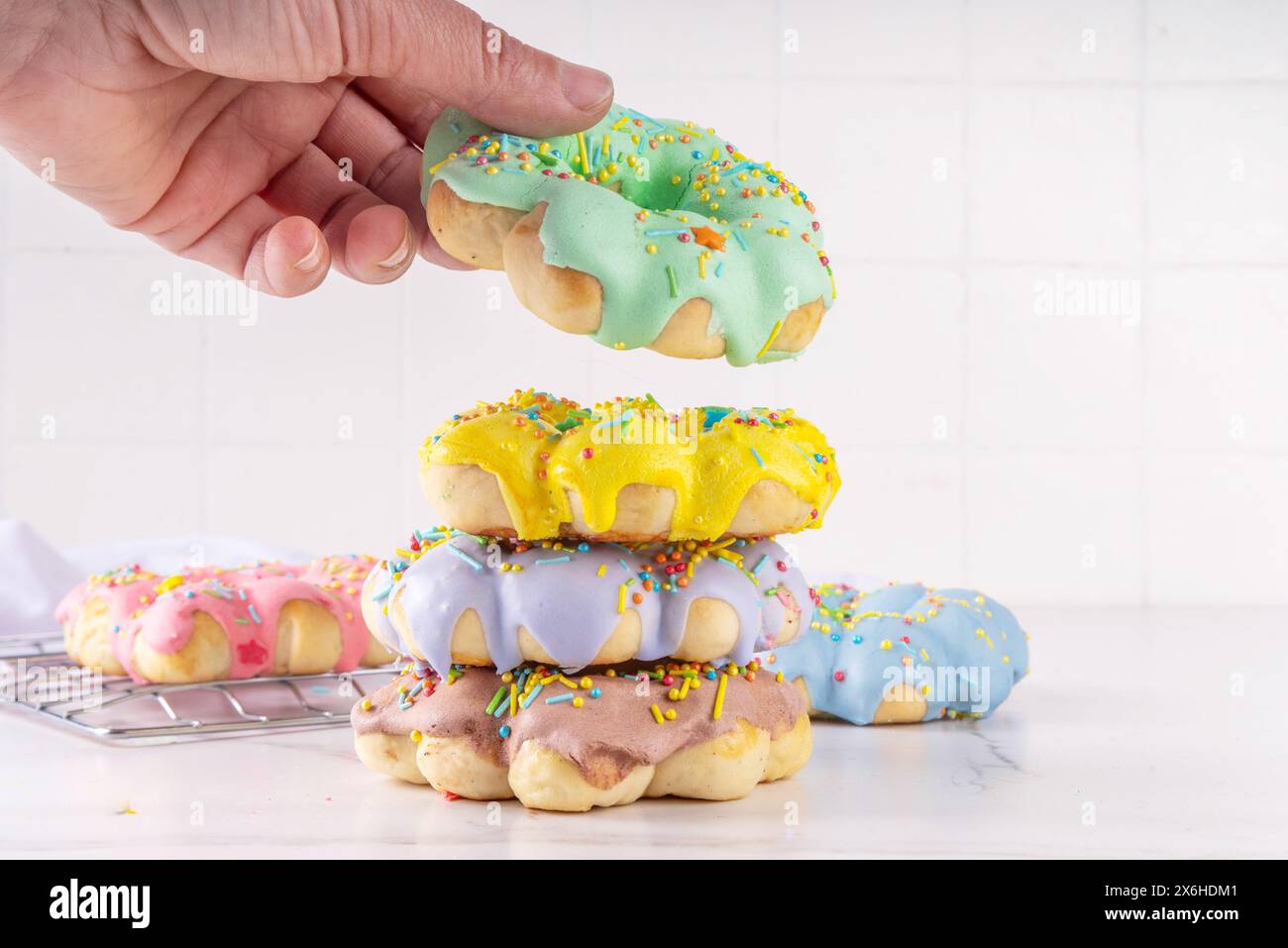 Asian trendy mochi donuts dessert. Sweet colorful mochi donuts baked ...