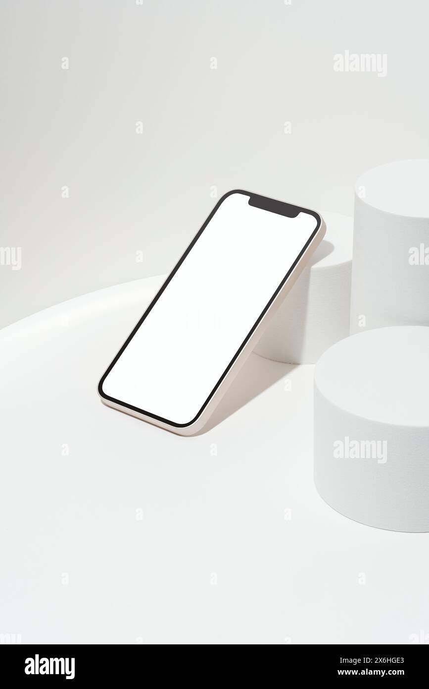 White blank screen smart phone mockup, template with geometric ...