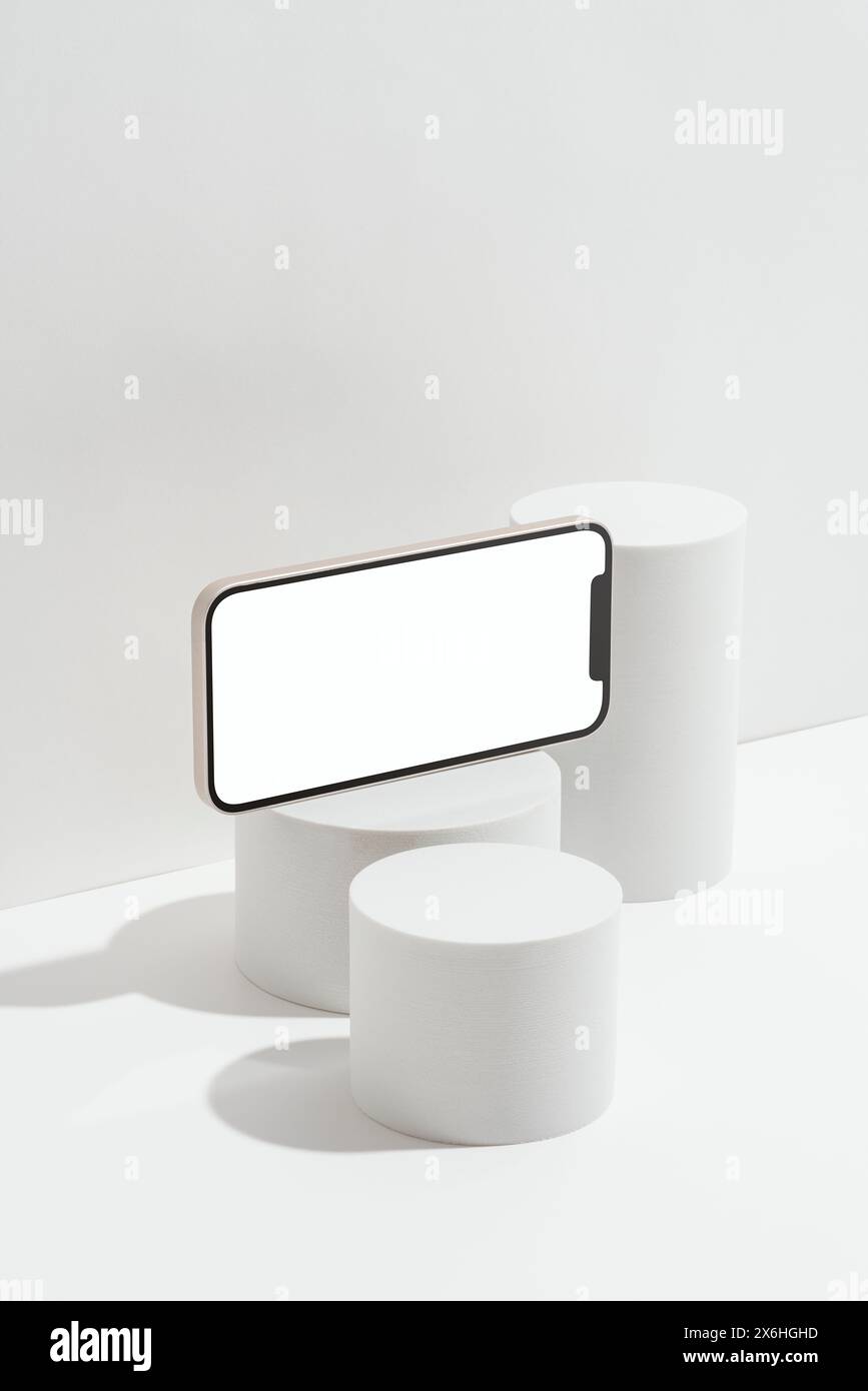 White blank screen smart phone mockup, template with geometric ...