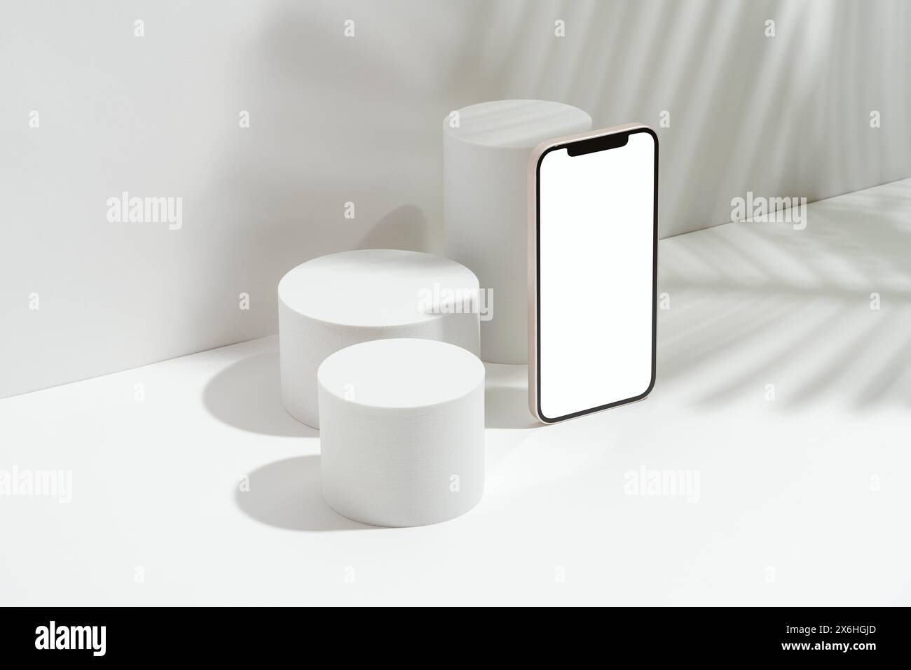 White blank screen smart phone mockup, template with geometric ...