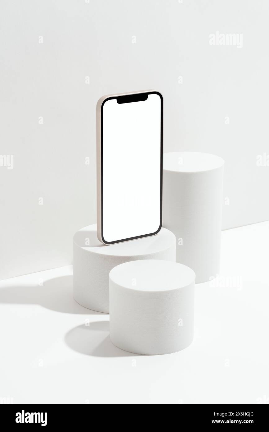 White blank screen smart phone mockup, template with geometric ...