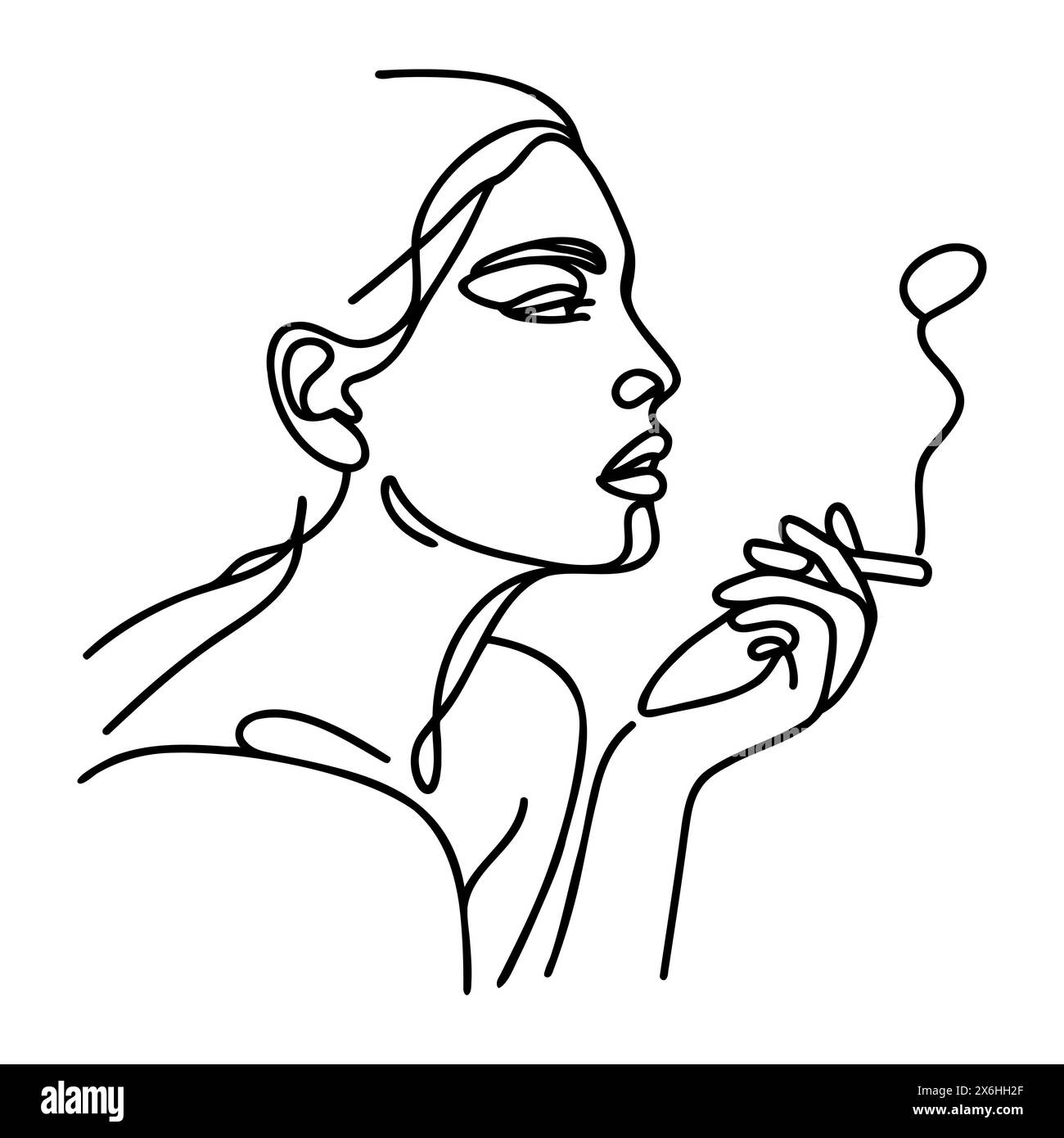 Woman with a cigarette in her mouth one line drawing on white isolated ...