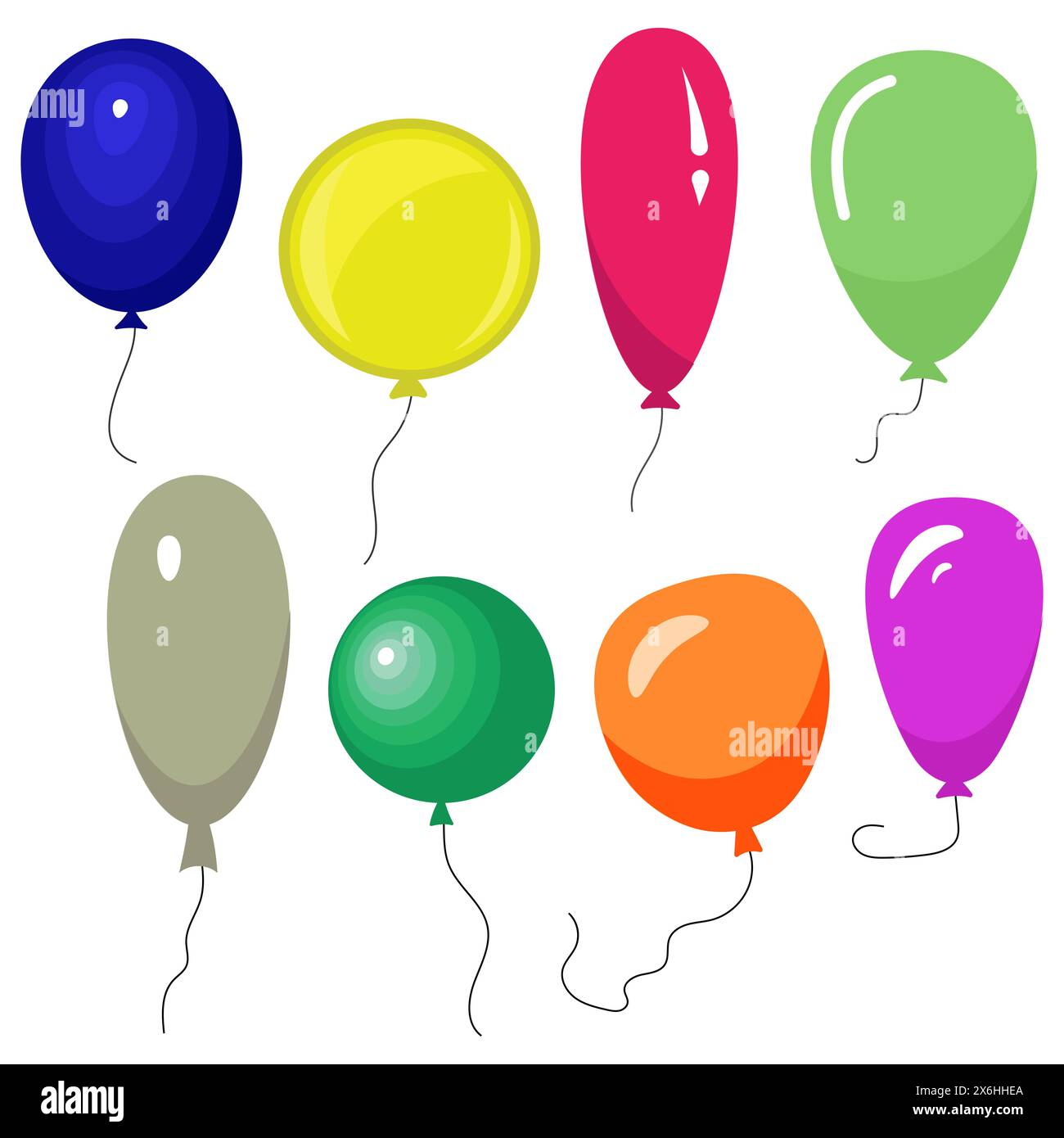 Set of eight colorful balloons with a string isolated on white ...