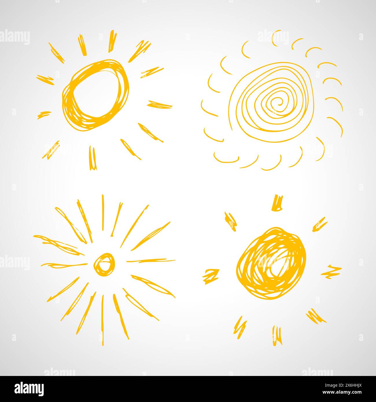 Hand drawn suns. Set of four simple sketch suns. Solar symbol. Yellow ...
