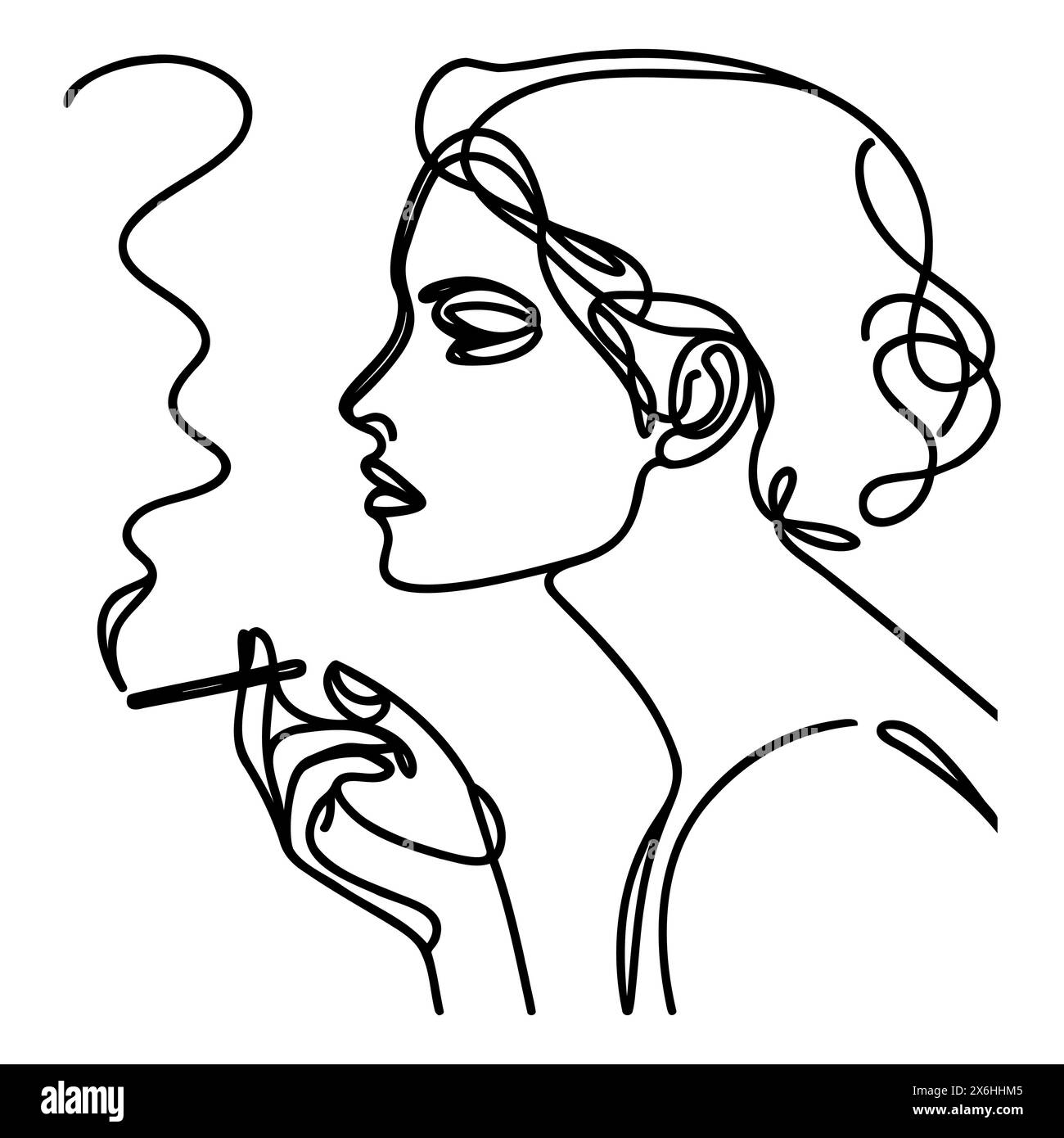 Woman with a cigarette in her mouth one line drawing on white isolated ...