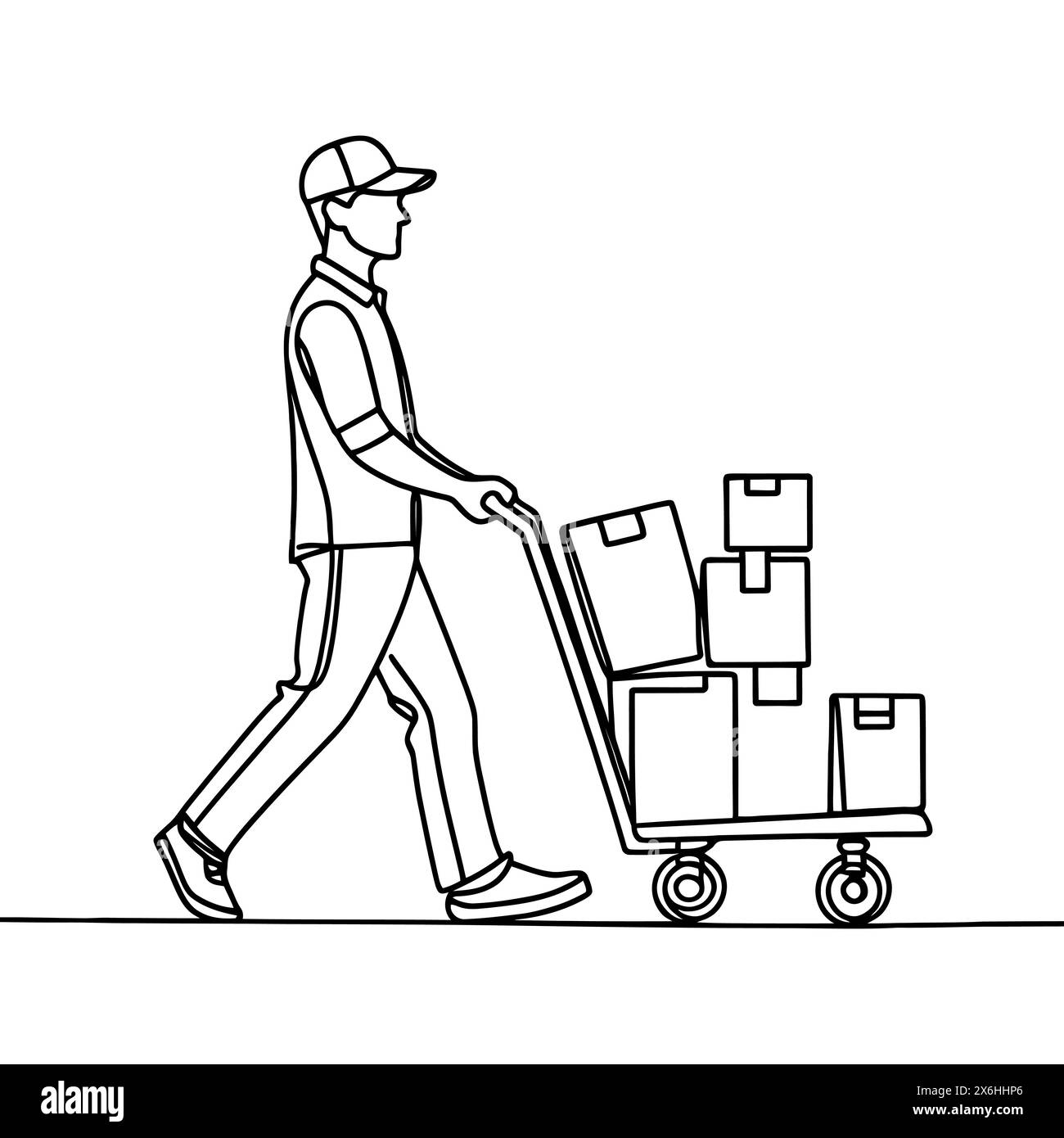 Single line drawing of a courier with a cardboard box with a trolley ...