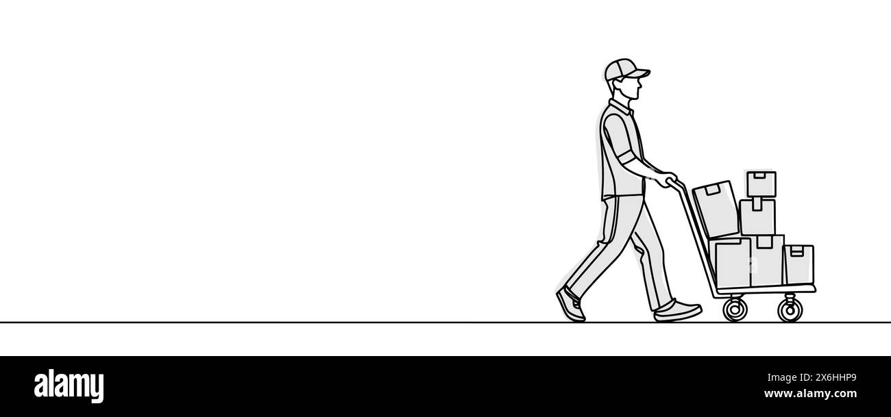 Single line drawing of a courier with a cardboard box with a trolley ...