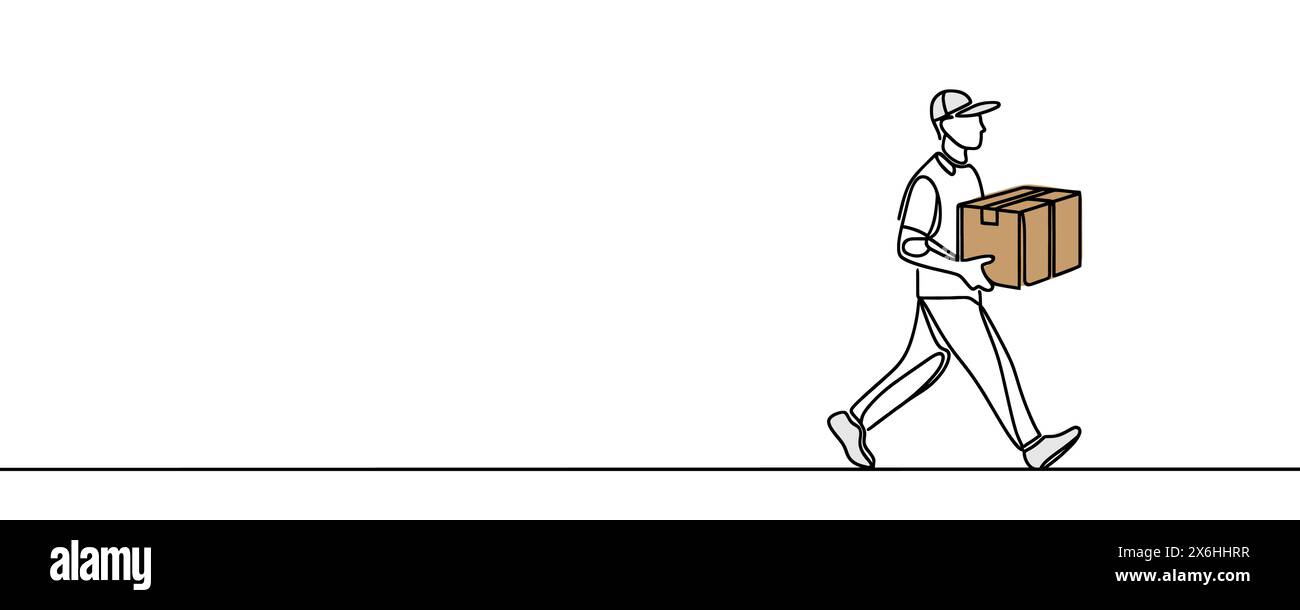 continuous one line drawing of parcel delivery. Young guy with a ...