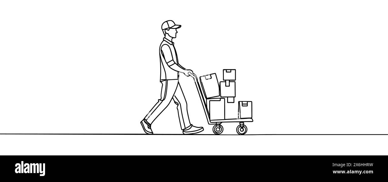 Single line drawing of a courier with a cardboard box with a trolley ...