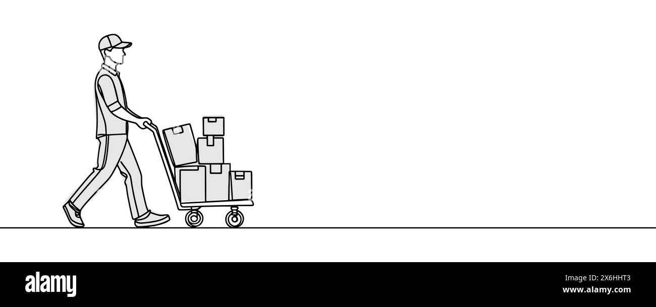 Single line drawing of a courier with a cardboard box with a trolley ...