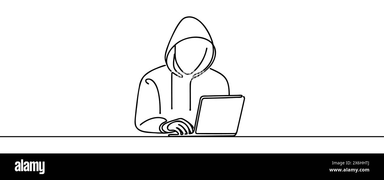 One line continuous cyber security hacker symbol. Silhouette of online ...