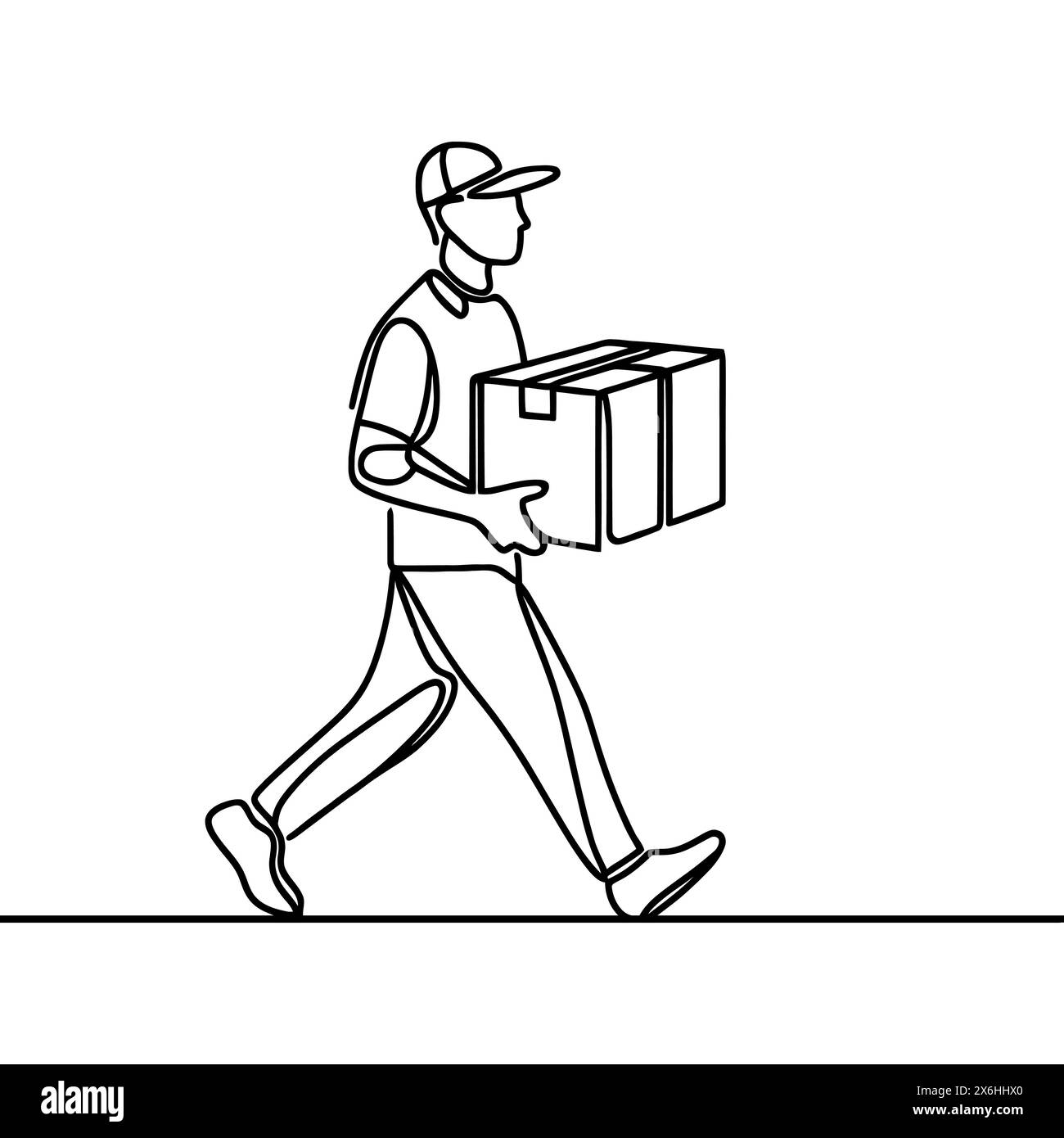 continuous one line drawing of parcel delivery. Young guy with a ...