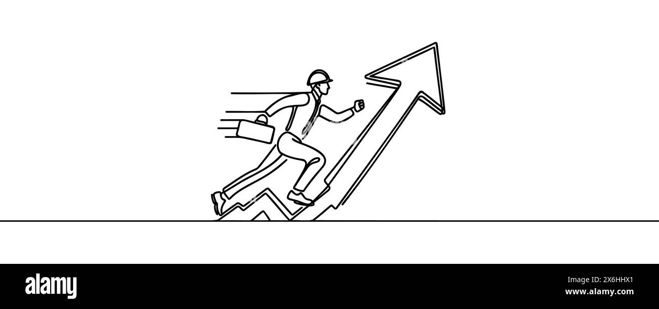 Continuous line art drawing of business man run into the top of up ...