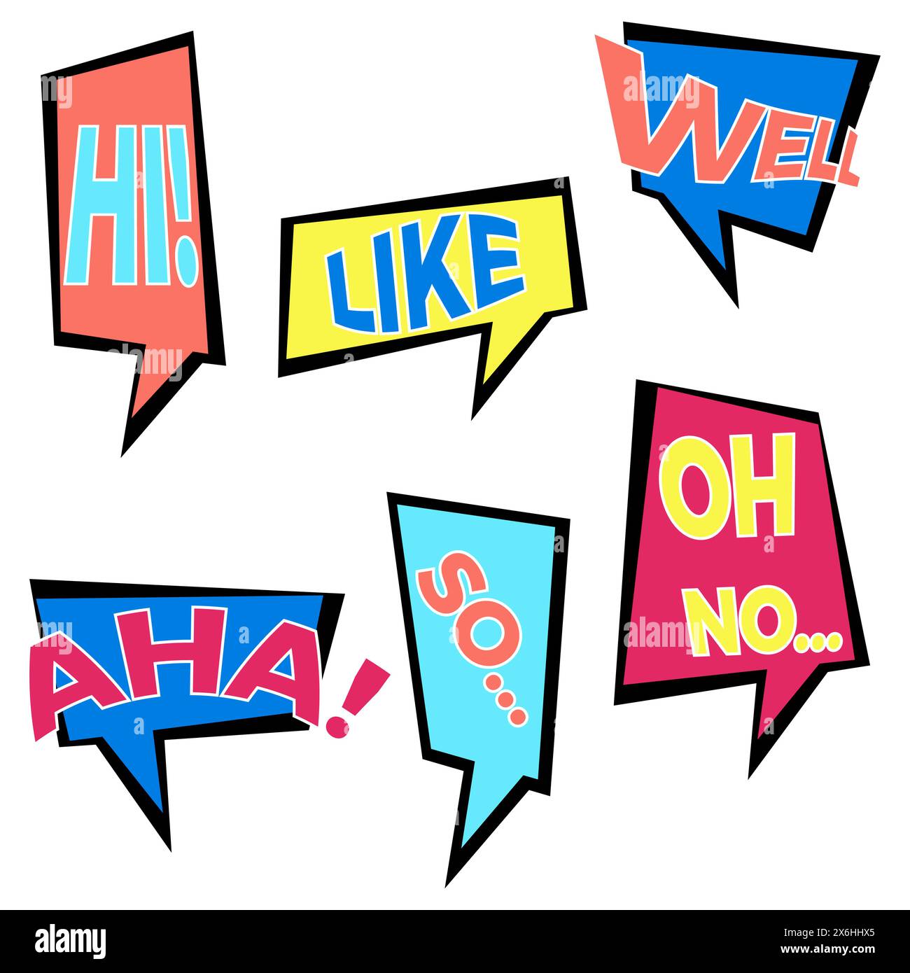 Set Of Six Cartoon Comic Balloon Speech Bubbles In Flat Style. Elements 