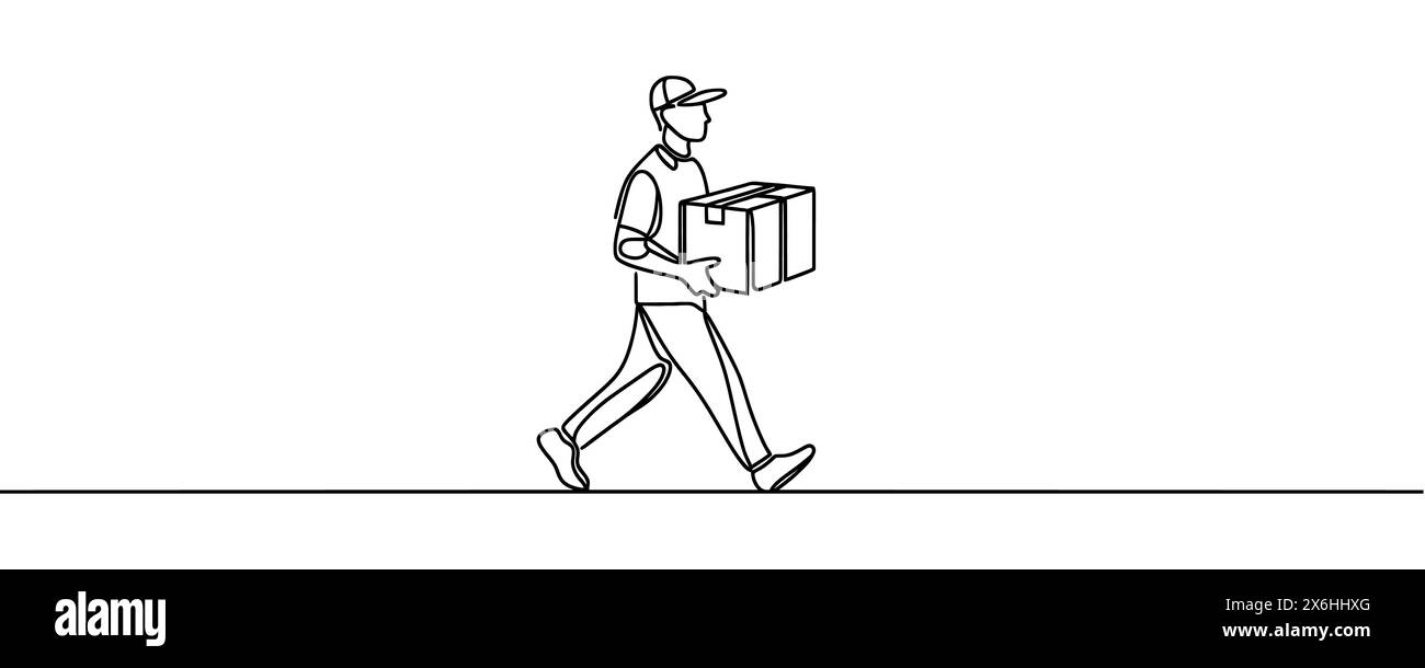 continuous one line drawing of parcel delivery. Young guy with a ...
