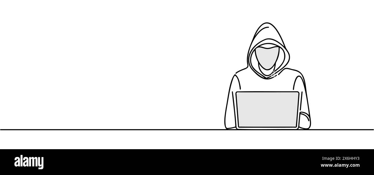 One line continuous cyber security hacker symbol. Silhouette of online ...
