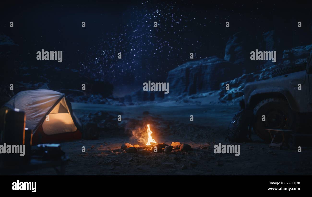 People Camping at Night in the Canyon, Preparing to Sleep in the Tent ...