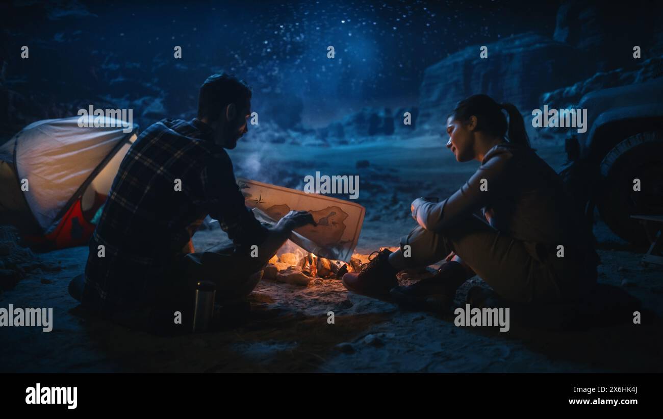 Happy Couple Camping in the Canyon Wilderness at Night Together ...
