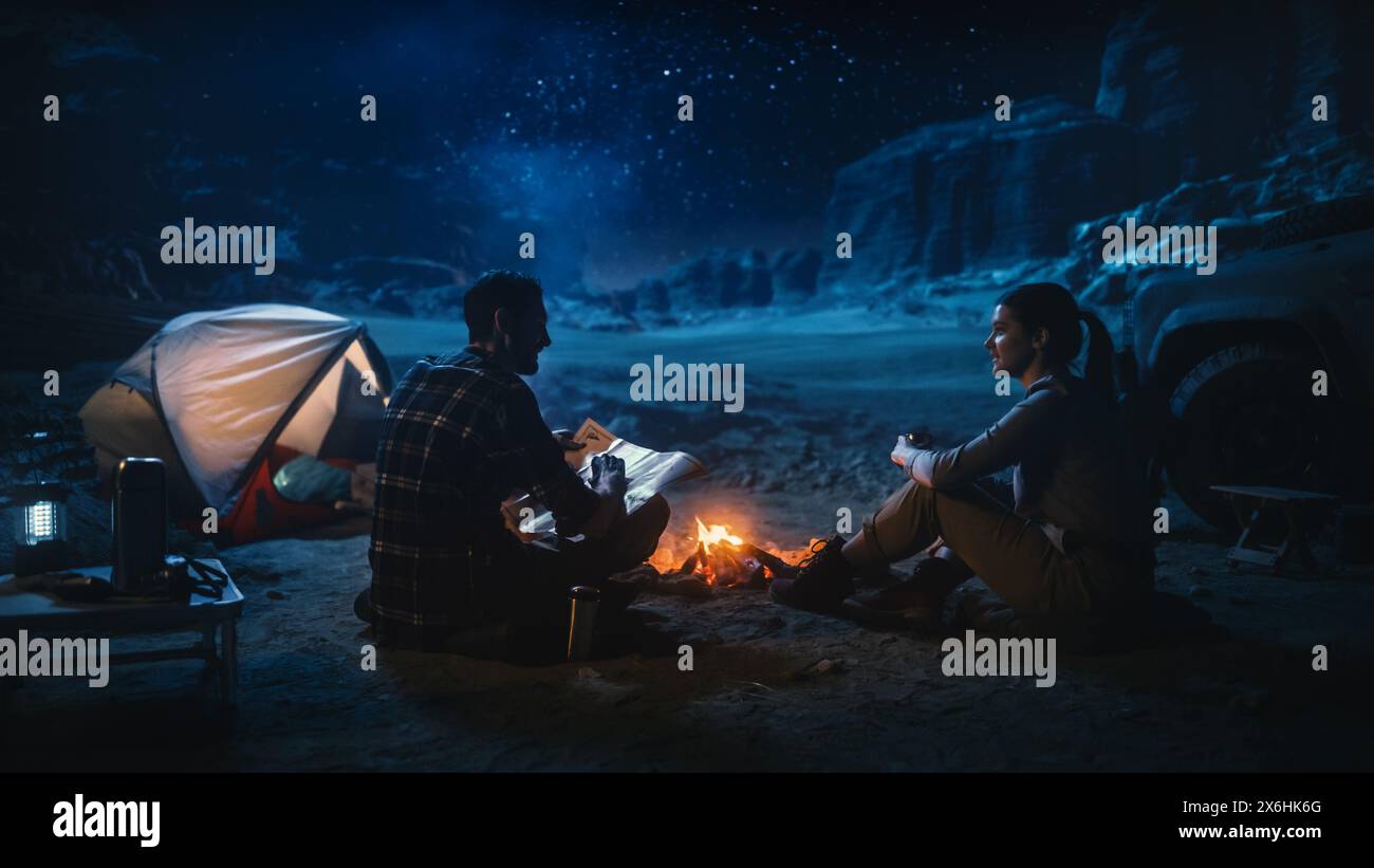 Happy Couple Camping in the Canyon Wilderness at Night Together ...