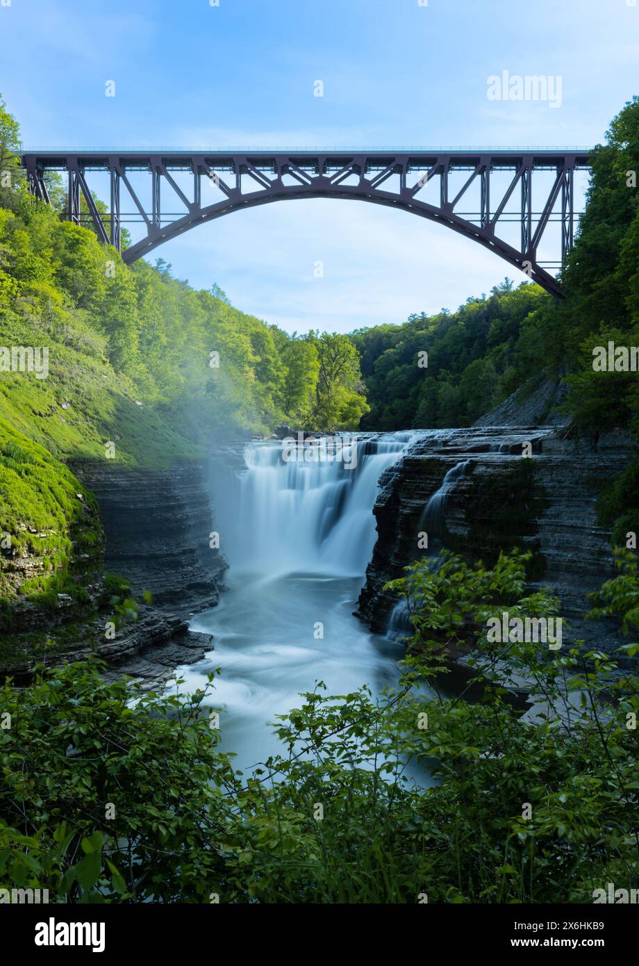 Letchworth Waterfall with railway bridge (long exposure Stock Photo - Alamy